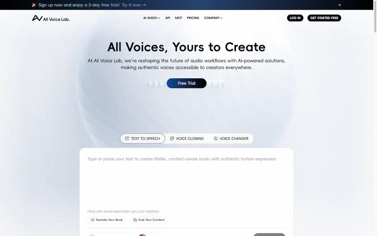 All Voice Lab: All Voice Lab 是一个先进的AI语音克隆和文本转语音平台，利用前沿的人工智能技术将书面内容转换为高保真、情感丰富的音频。 - AI With Me