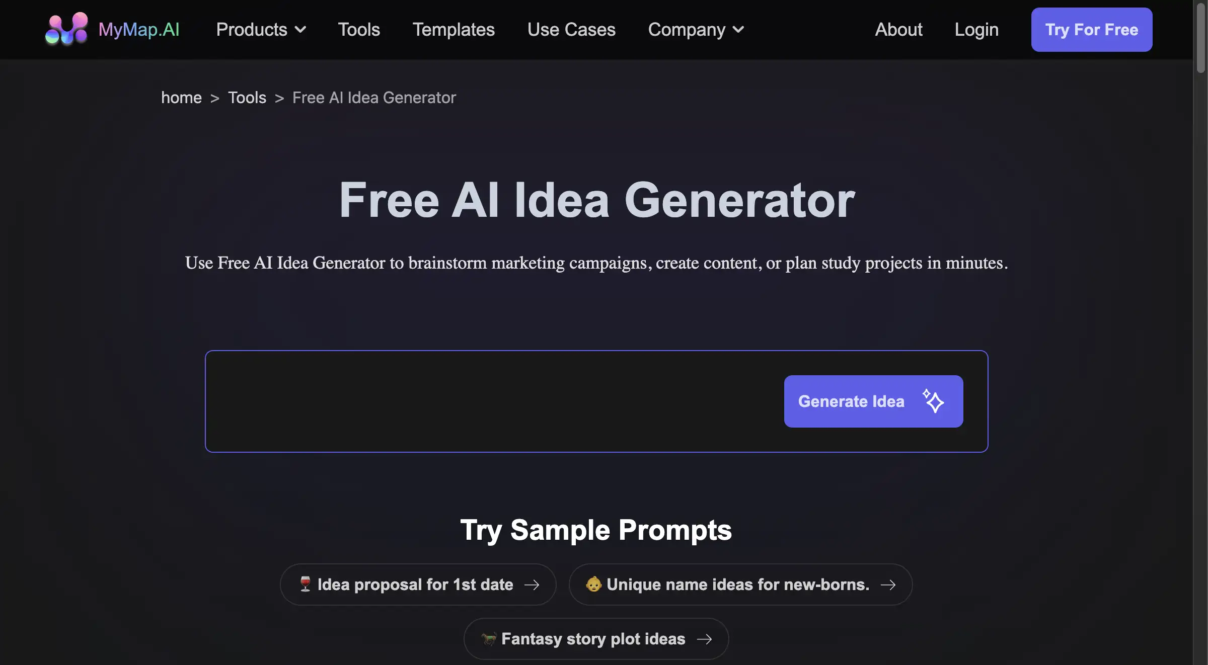 MyMap.AI Idea Generator: A tool that uses AI to help users brainstorm and generate ideas quickly ...