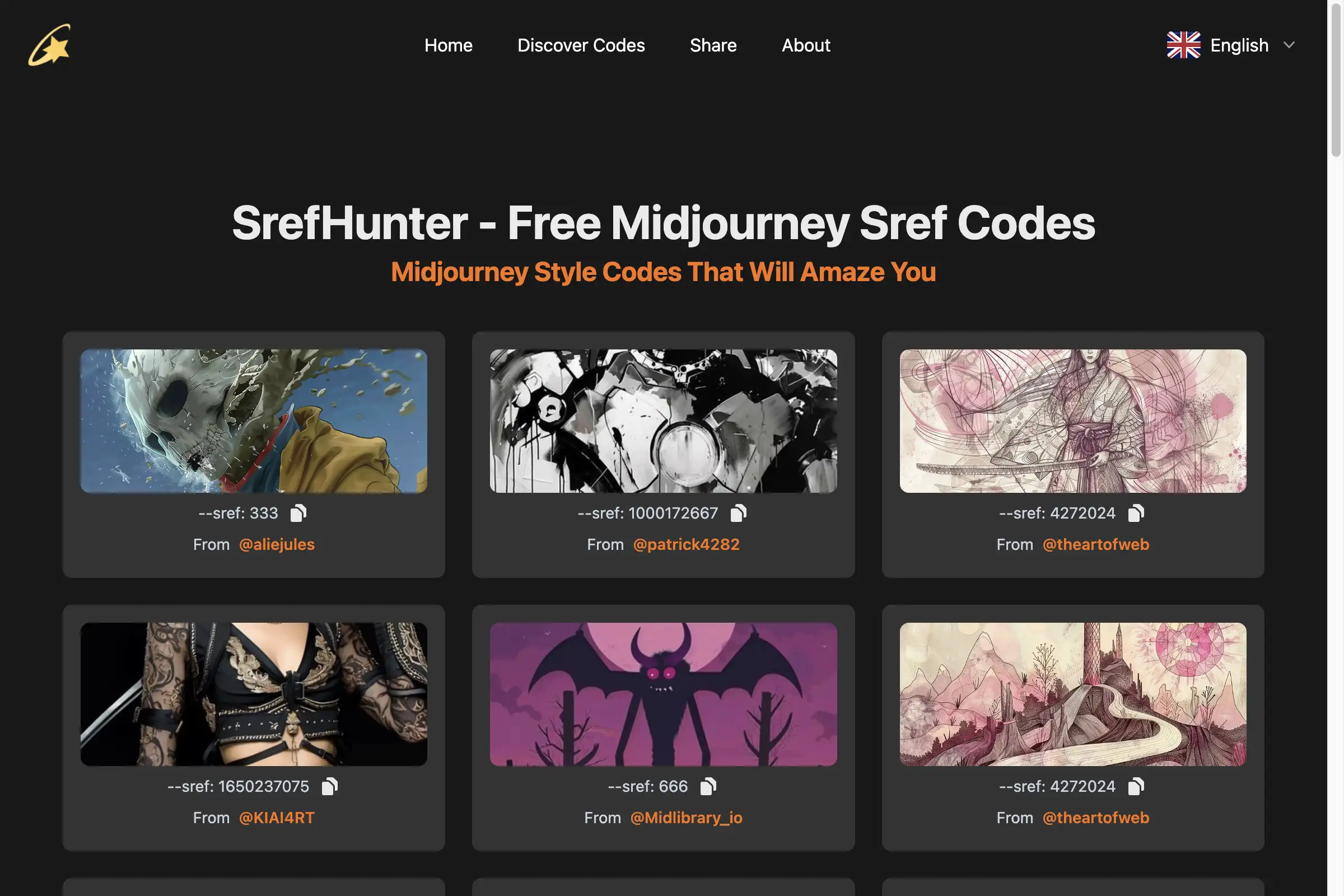 SrefHunter | Free Midjourney Sref Codes: SrefHunter 是一个平台，它向用户提供免费的 Midjourney Sref 代码，允许他们访问并使用 ...